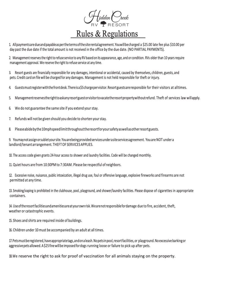 Hidden Creek RV | Rules